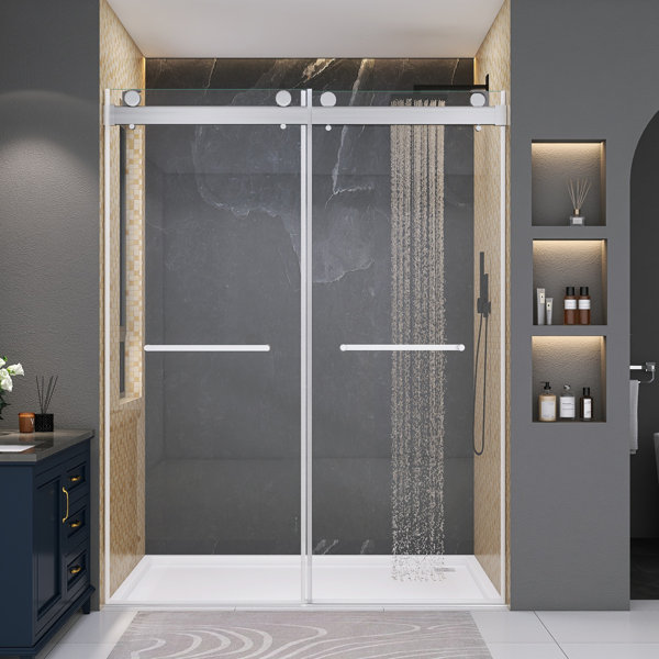 ZEAFIVE 68-72" W x 79" H Frameless Double Sliding Shower Door with 3/8 in Tempered Glass ...